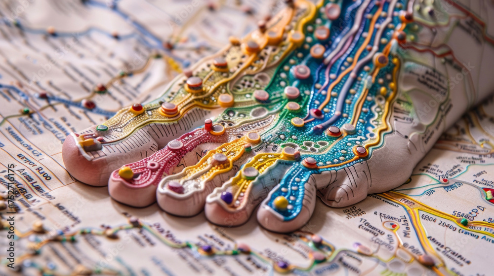 A detailed shot of a reflexology foot chart with each reflex point ...