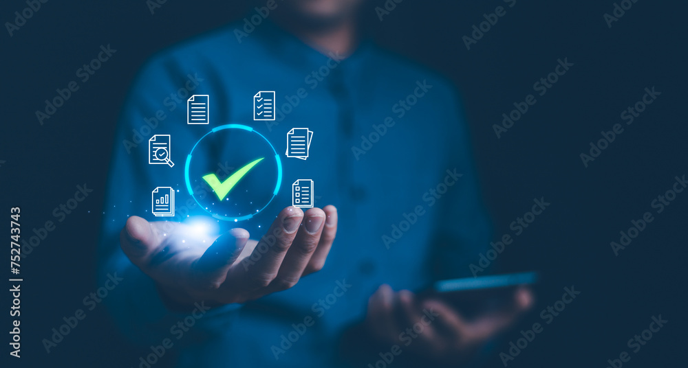 Checkmark checklist concept. A professional interacts with showcasing a ...