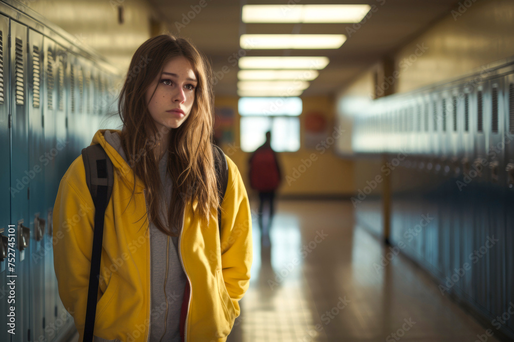 solitary teenage girl stands in a school hallway, her eyes downcast ...