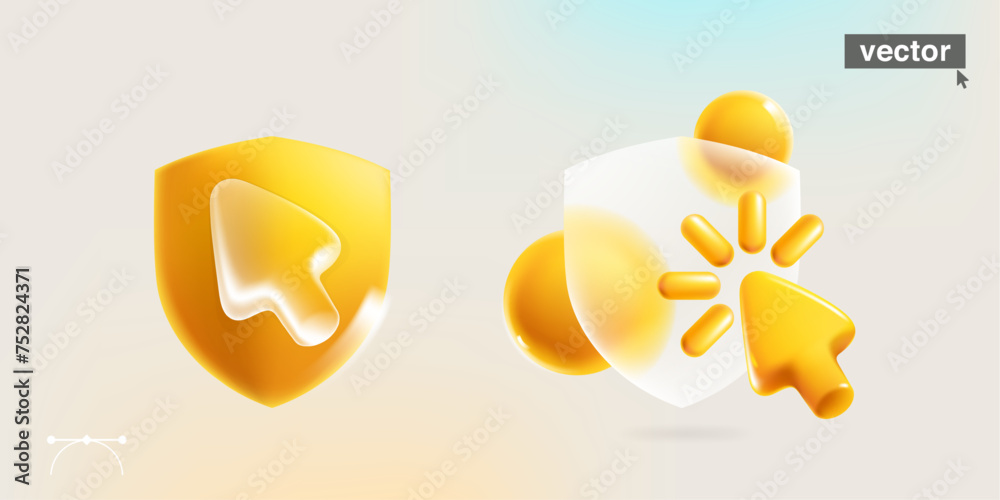 Shield symbol with realistic 3D cursor, loading icon and spheres ...