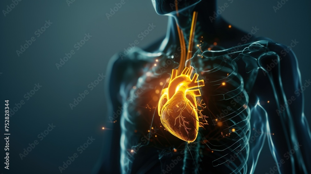 Glowing Human Heart Anatomy in Transparent Body, A digital ...