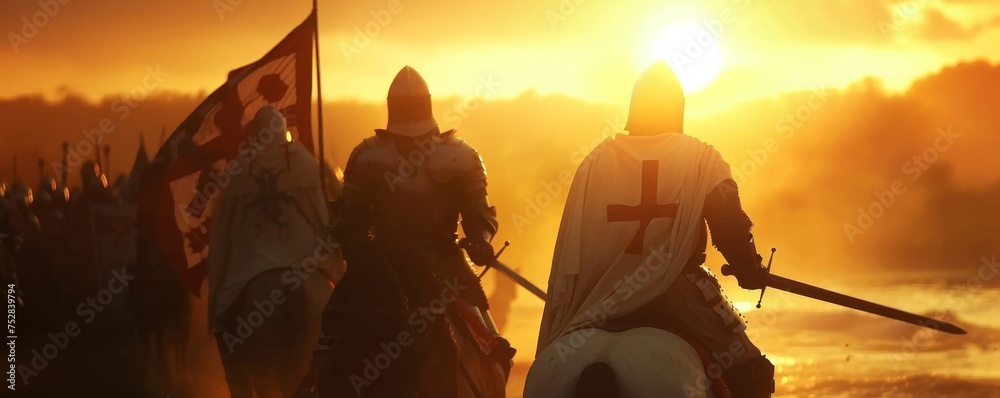 Knights Templar their path lit by the cross in the soft light of sunset ...