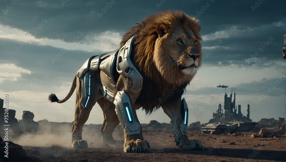 Illustrazione stock di The image features a stylized male lion with a ...
