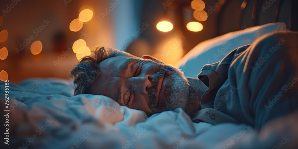 A middle-aged man is smile sleeping on the bed, full body, soft ...