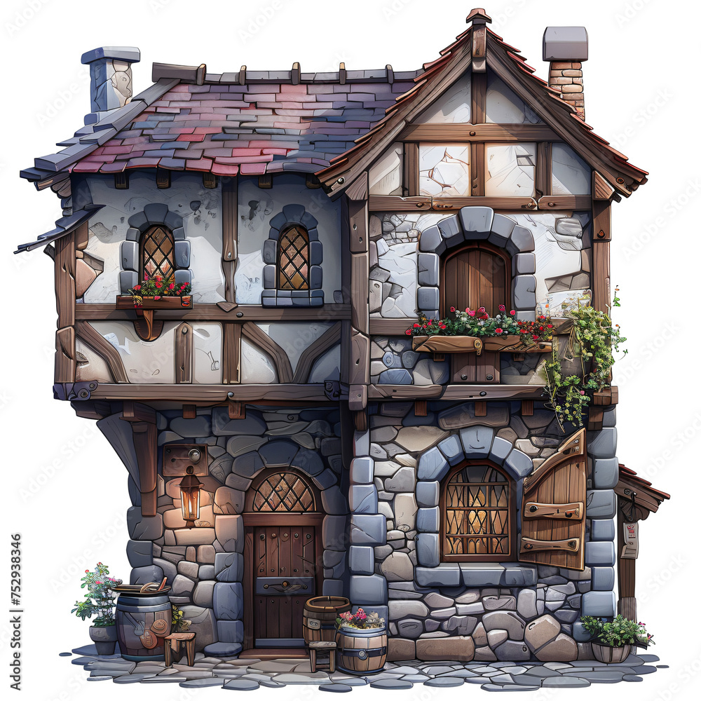 Digital illustration of a medieval tavern with a signboard. Fantasy ...
