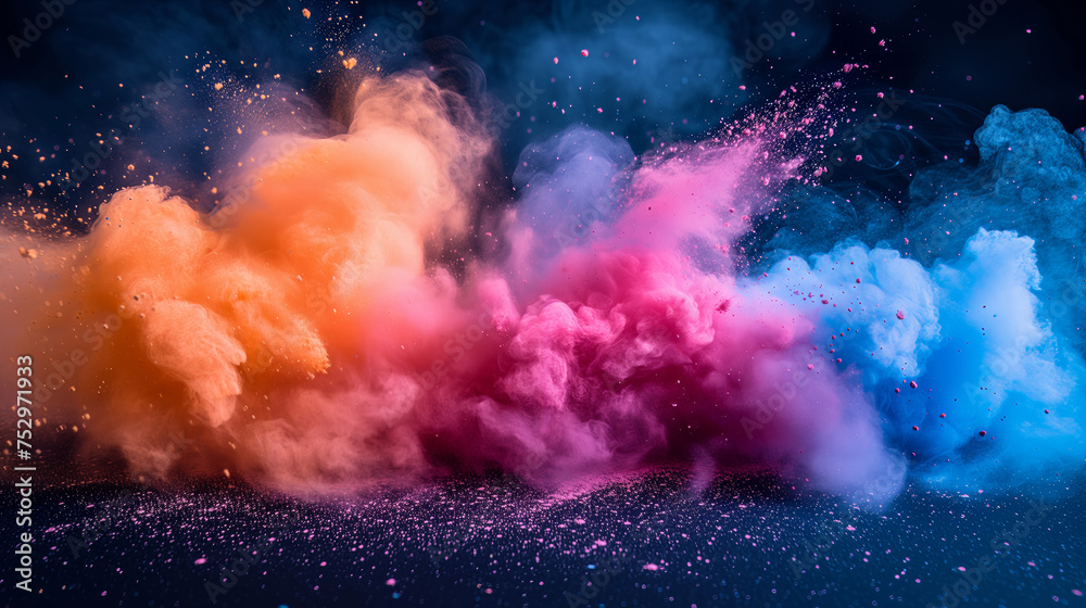 Abstract template on dust powder explosion Holi backdrop. Indian ...