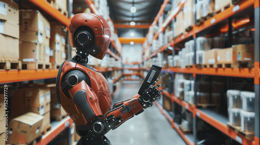 modern humanoid AI robot using a barcode scanner working at warehouse ...