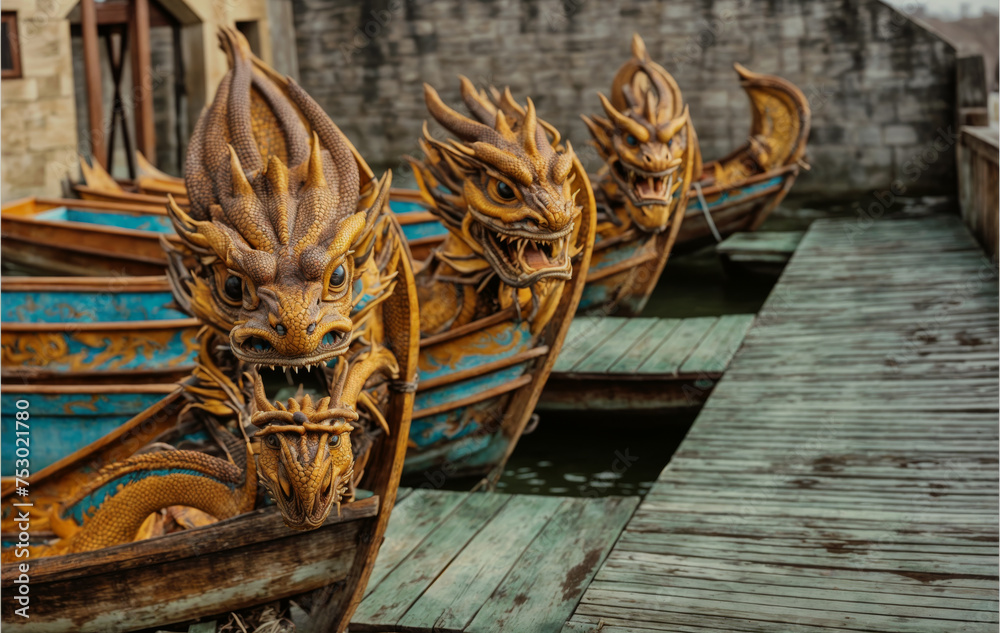 wooden boats with dragons figureheads at the bow of the ships created ...