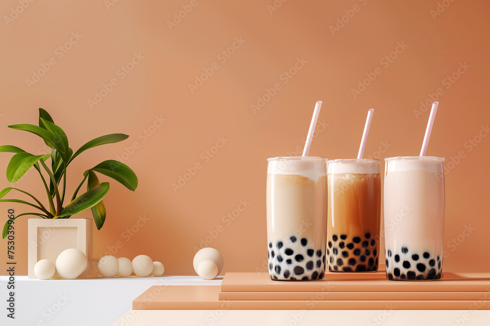 Milk tea boba drink in plastic cups in soft light modern setting and ...