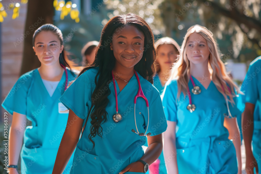 team of medical students young women in scrubs walk together on a ...