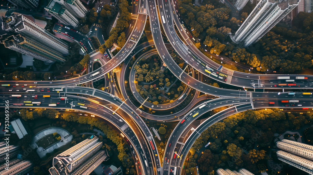 An aerial view of a complex multilevel highway interchange with flowing ...
