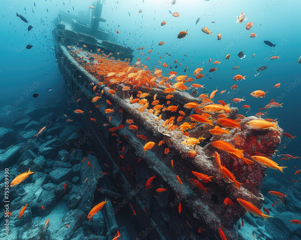 Amidst the mysterious ruins of a submerged shipwreck, an underwater scene unfolds with vibrant ...