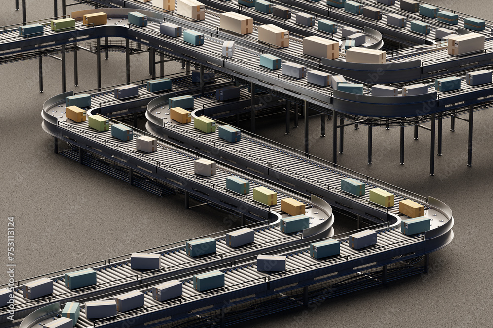 Conveyor with boxes. Automatic conveyor inside building. Fulfillment ...
