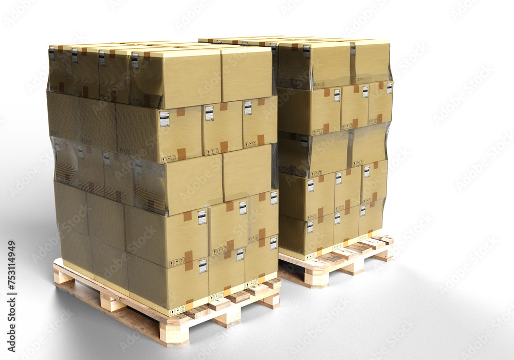 Europallets with courier boxes. Parcels are awaiting transportation and ...
