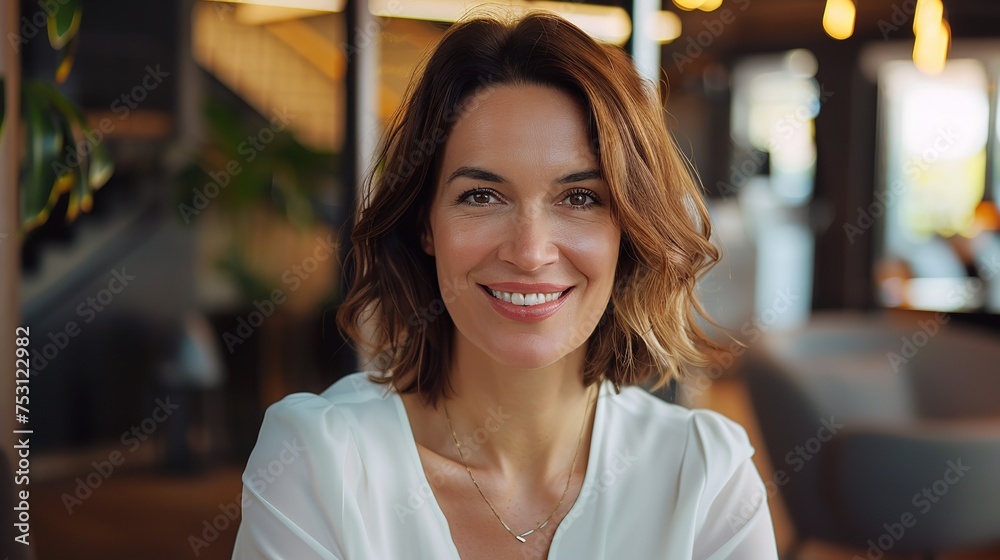 Vividly realistic portrait of a radiant woman beaming at the camera ...