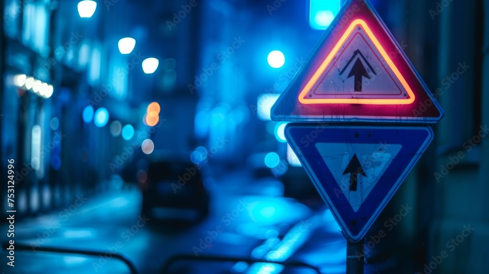 Triangular neon road sign attention with exclamation mark from post ...