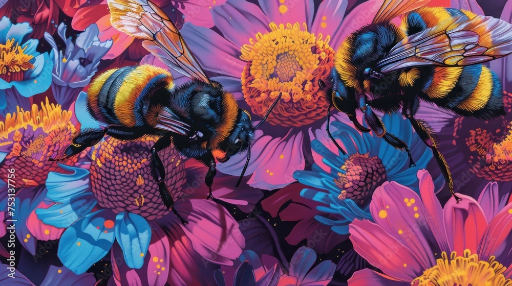 Animated scene of a lush garden bees flying from flower to flower ...
