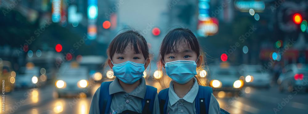 In Bangkok, two masked Thai toddlers Asian from a moderate family, in ...
