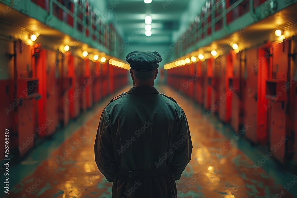 A vigilant prison guard stands in a brightly lit, empty prison block ...