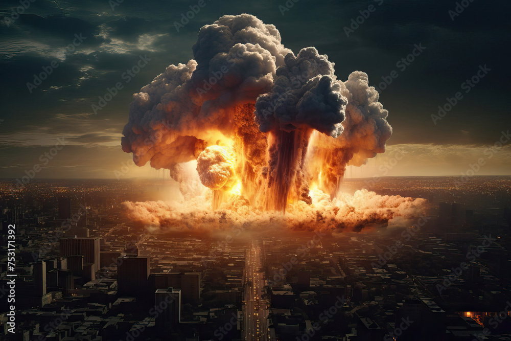 abstract explosion in the sky over a cityscape, dramatic light. High ...