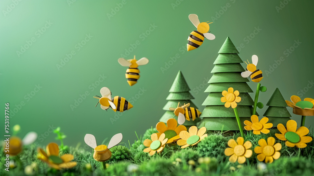 Paper bees hover around green paper trees and yellow flowers, crafting a playful and creative ...