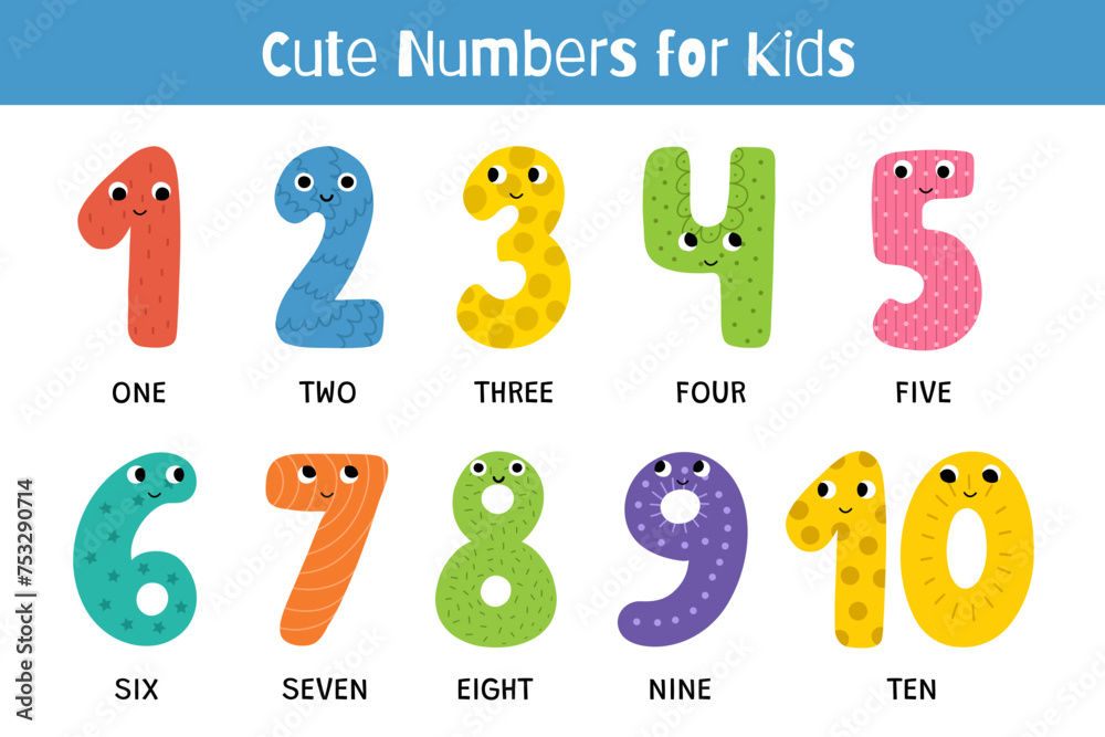 Cute numbers educational set for kids. Funny smiling number characters ...