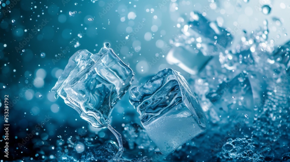 Melting ice cubes, cold crystal clear water drops. Blue icy background ...