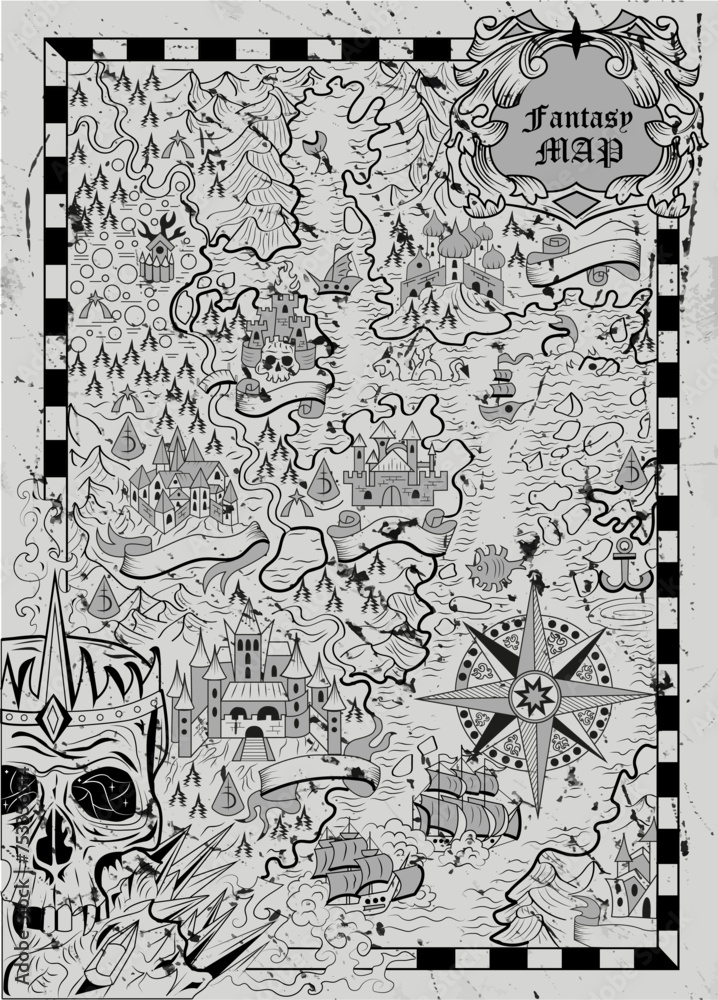Vintage fantasy map with unknown land, ships, skull, compass and ...