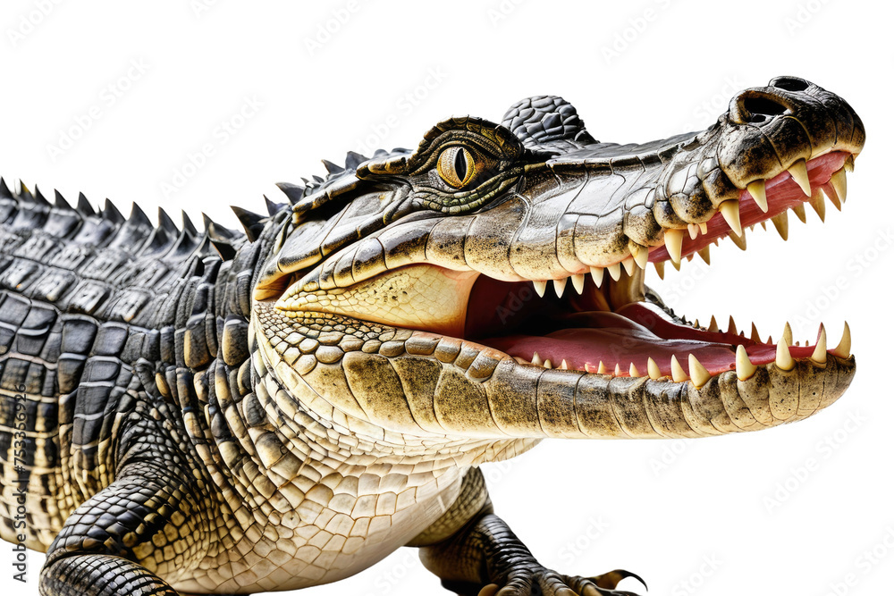Crocodile, centered, detailed scales visible, open jaw revealing sharp ...