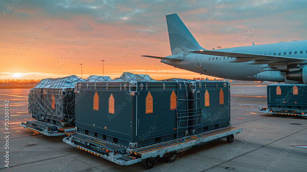 Loading to the aircraft. Air cargo logistic containers are loading to ...
