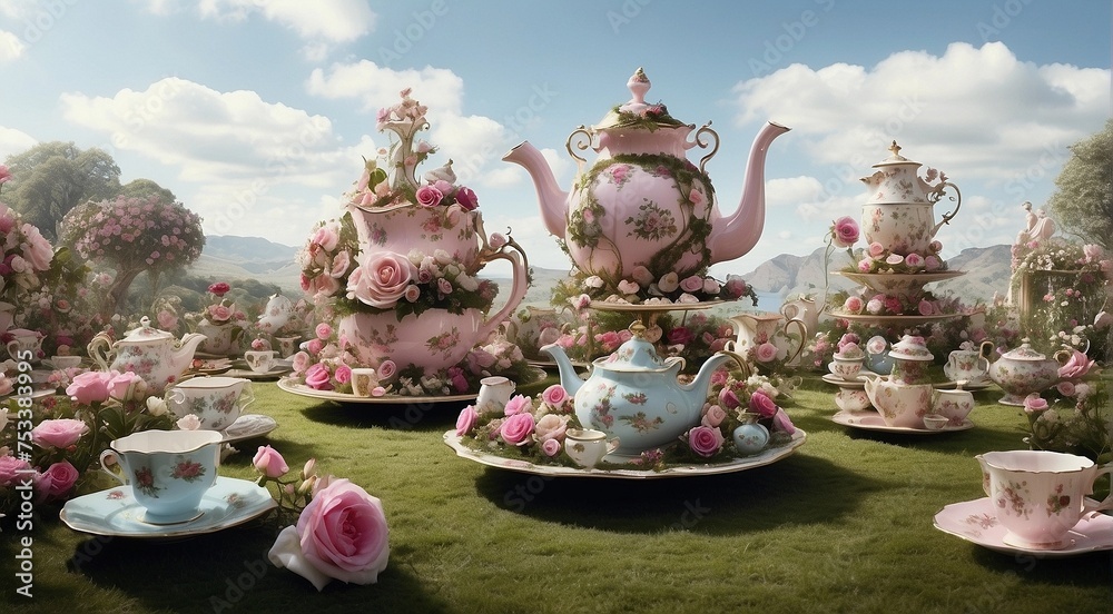 Giant tea party: a Wonderland landscape that features a giant tea party ...