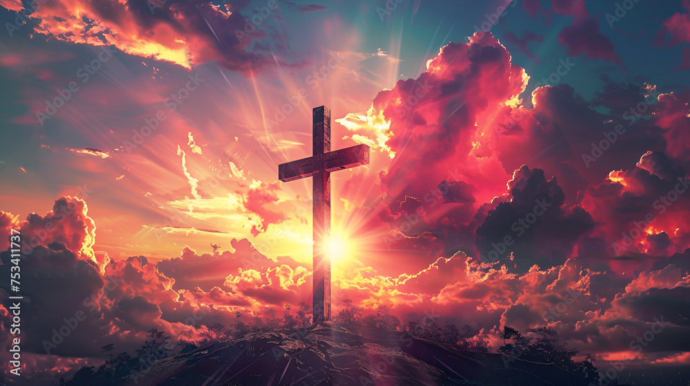 Majestic Christian Cross Pierces Heavenly Clouds with Sunburst Glow ...