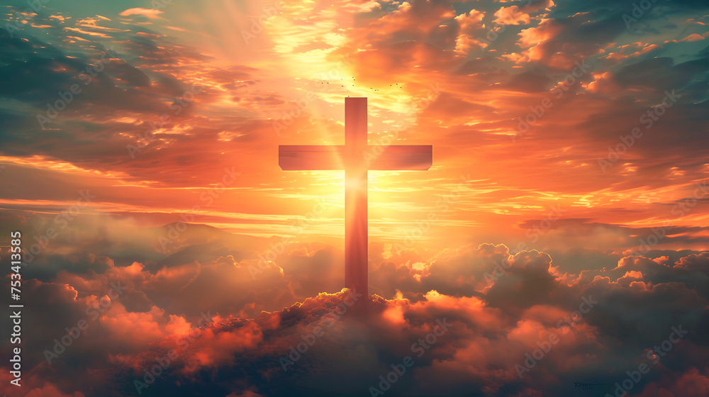 Majestic Christian Cross Pierces Heavenly Clouds with Sunburst Glow ...