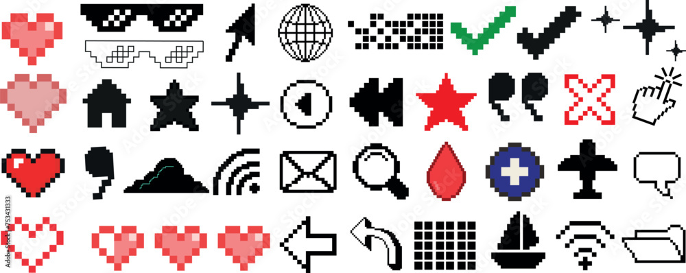 Pixel art icons, hearts, stars, arrows, symbols, minimalistic design ...