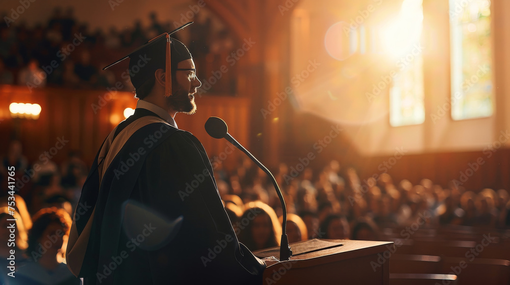 Valedictorian young student man giving graduation speech to other ...