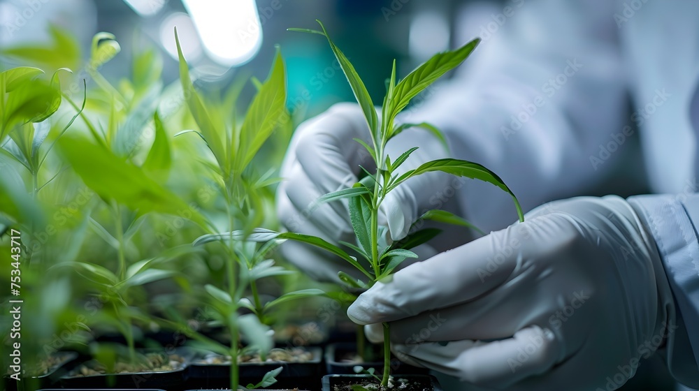 Scientists studying cannabis plants in the lab, To convey the ...