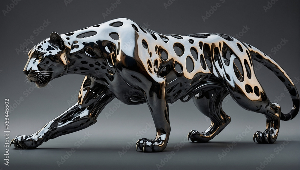 Beautiful chrome panther, dynamic pose, full panther body on the image ...