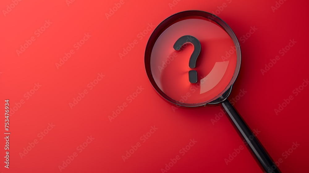 Magnifying glass focusing on an exclamation mark against a red ...