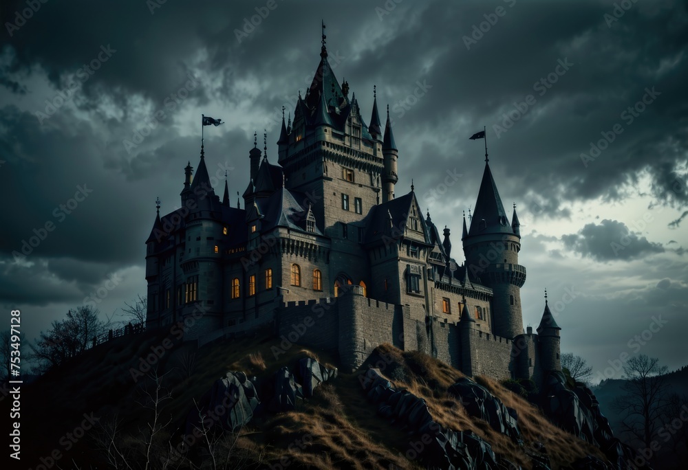 A spooky castle shrouded in horror, enveloped in gloomy darkness ...