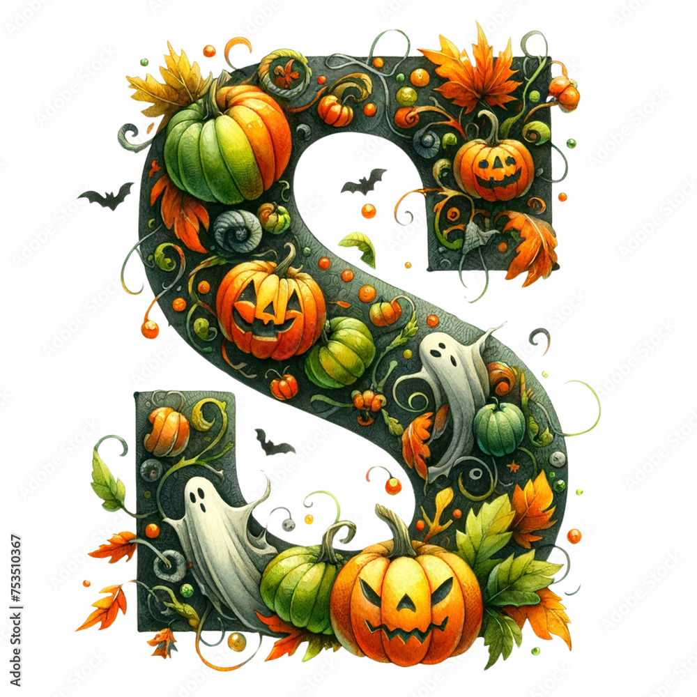 Watercolor letter "S" with Halloween Pumpkin Patch clipart, hand drawn ...