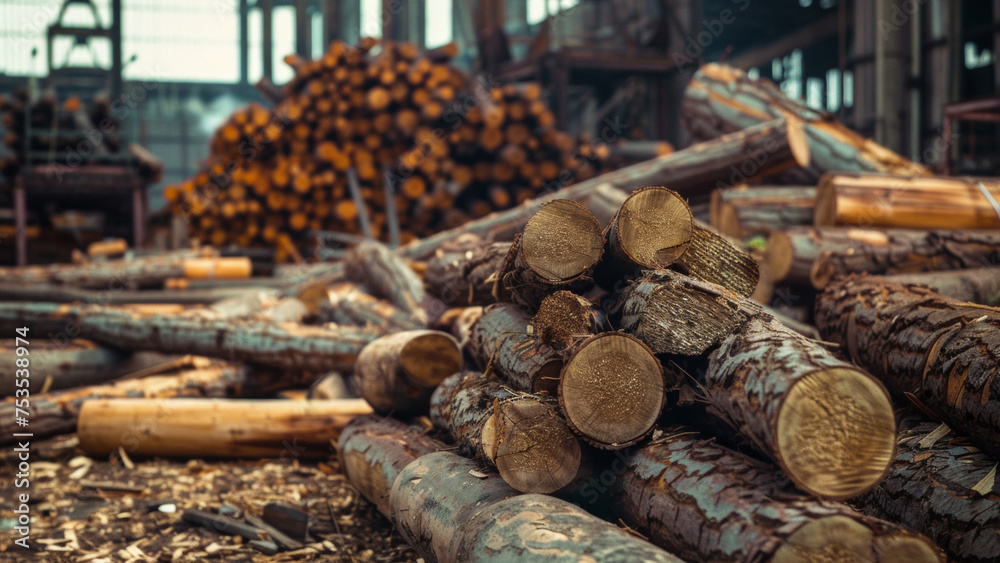 Atmospheric perspective of a lumberyard with stacked timber logs. Stock ...