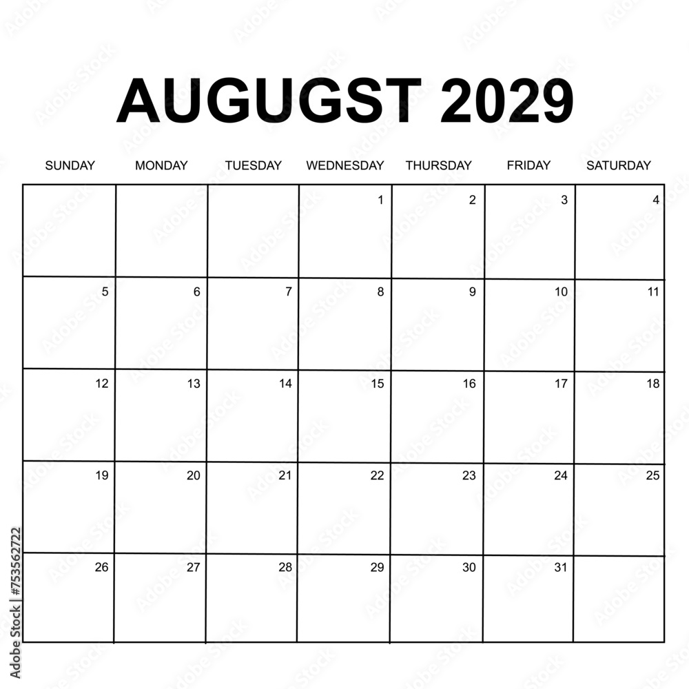 august 2029 calendar. week starts on sunday. printable, simple, and ...