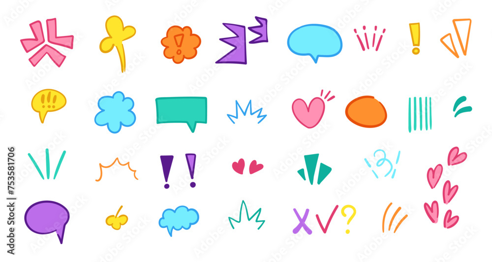 Set of hand-drawn cartoon anime expressions and doodle signs, arrows ...