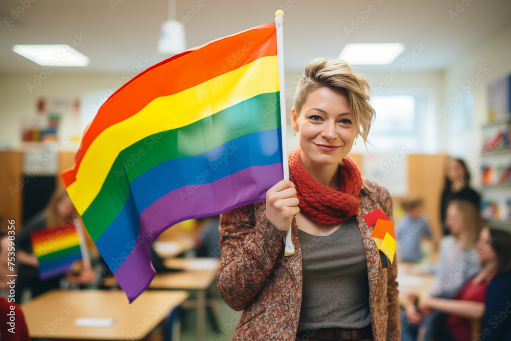 Foto de Stock Smiling educator holding a pride flag stands proudly in a ...