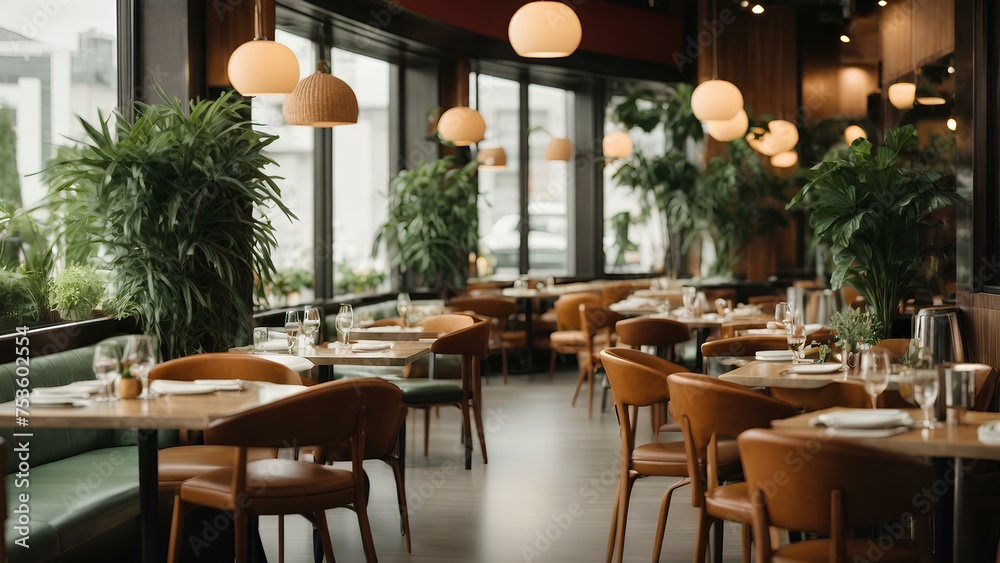 A modern restaurant with unique wood furniture and plant の Stock フォト ...