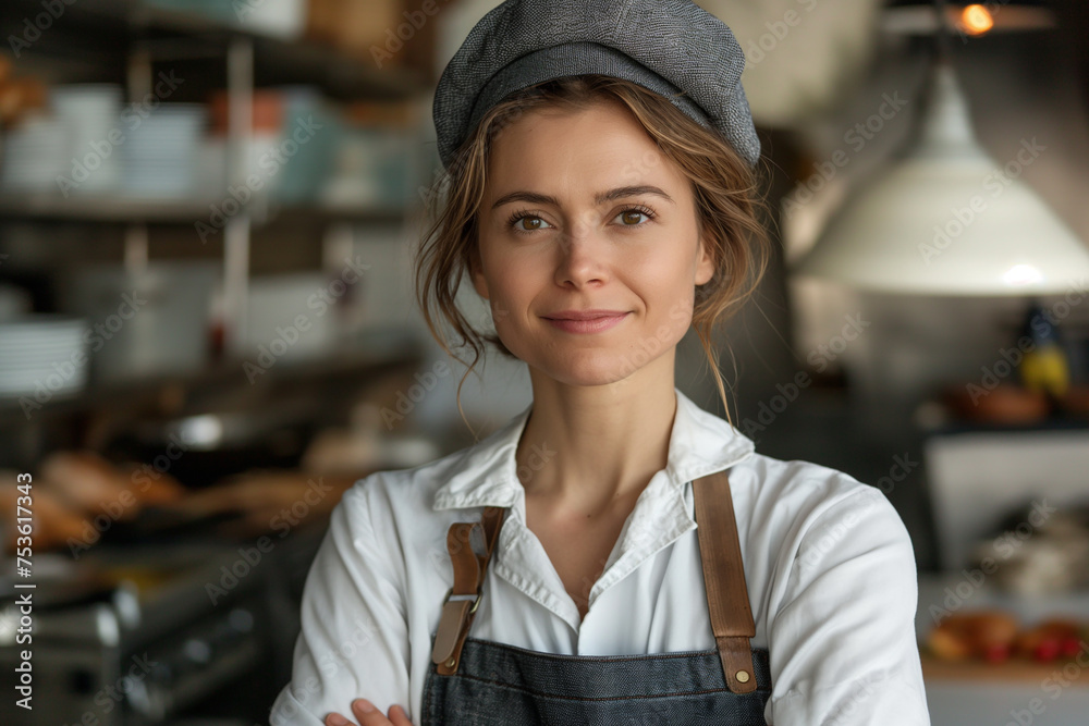 Retrato de una cocinera, chef sonriente, empresaria con su negocio de ...