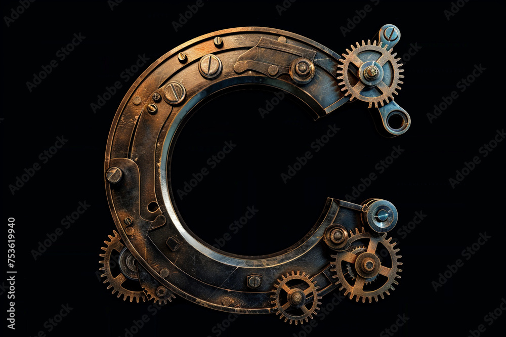 Metallic steampunk alphabet with gears and rivets isolated on black ...