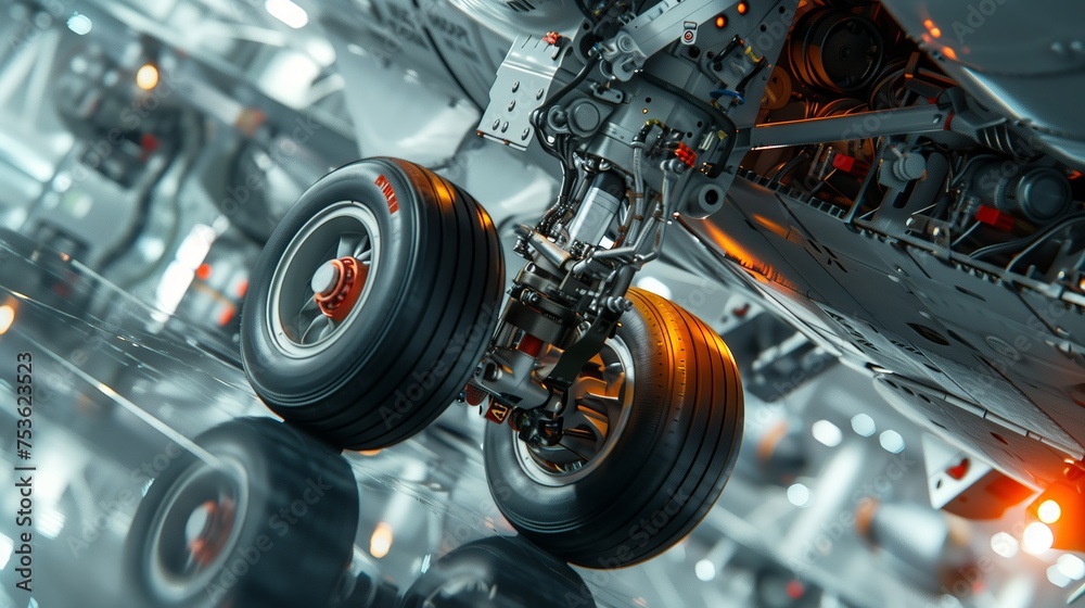 Airplane Landing Gear. Close-up detail of airplane landing gear and ...