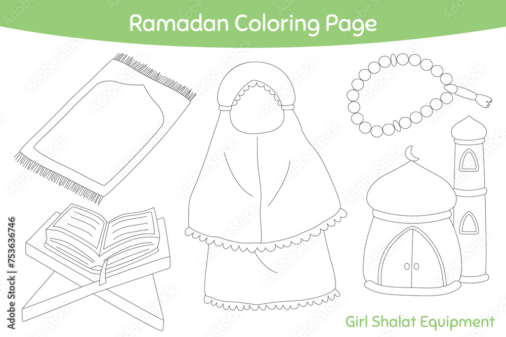 Cute muslim girl shalat equipment outline cartoon vector for kids ...