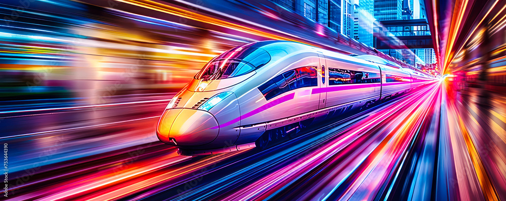 High-speed modern commuter train with motion blur effects in vibrant ...
